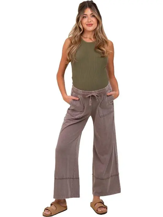 PINKBLUSH Mineral Wash Wide Leg Ankle Maternity Pants - Mocha