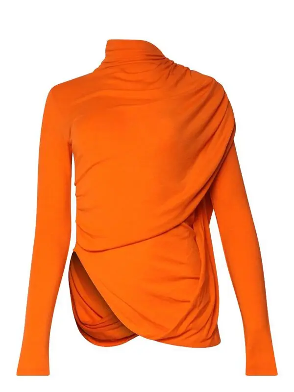 MUGLER Asymmetrical Draped High Neck Long Sleeve Top - Orange