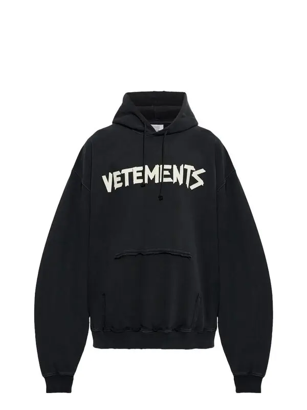 Vetements Distressed Logo Hoodie - Black