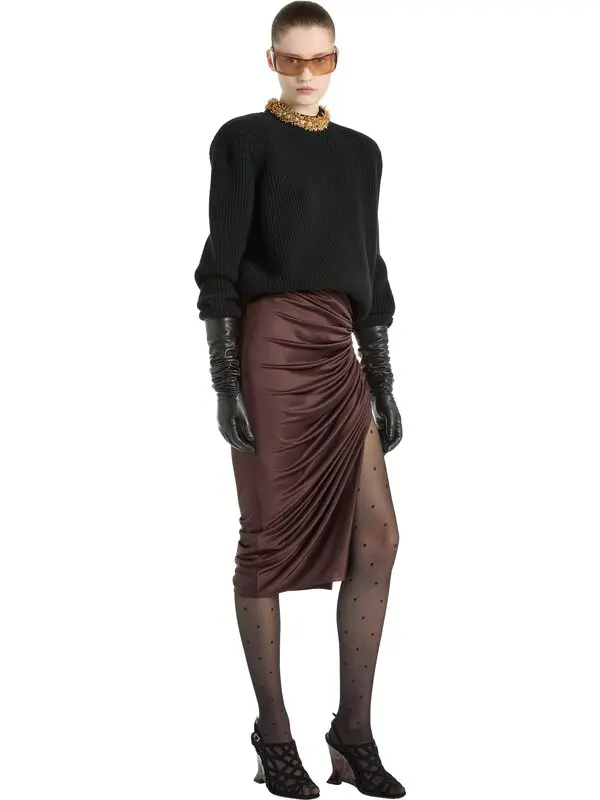Balmain Flowing Jersey Midi Skirt With Drawstring Detail - Brown