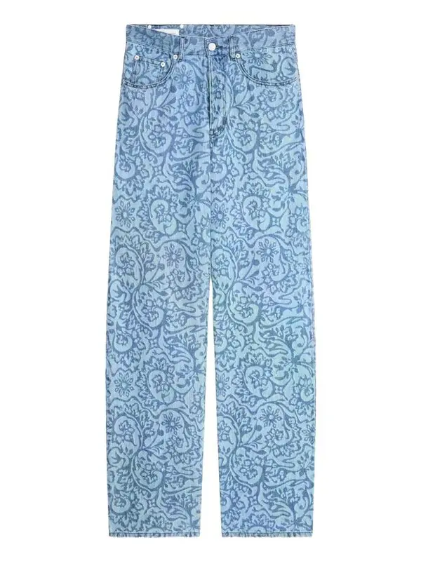 Dries Van Noten Printed Wide Leg Denim Pants - Blue