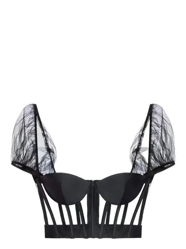 Elisabetta Franchi Mesh And Gazar Bustier Top With Puff Sleeves - Black