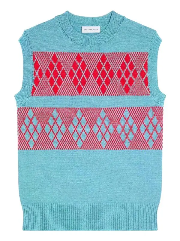 Dries Van Noten Jacquard Wool Argyle Vest - Blue