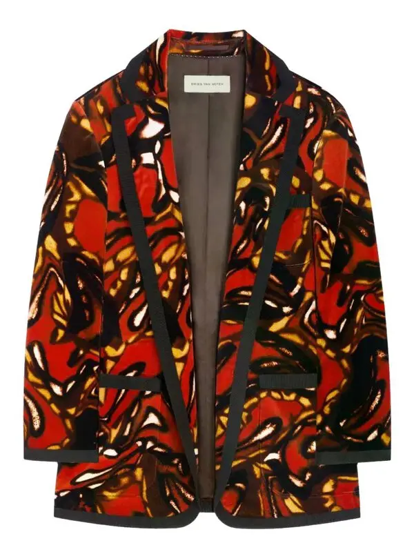 Dries Van Noten Oversized Velvet Blazer With Marbled Clay Print - Red