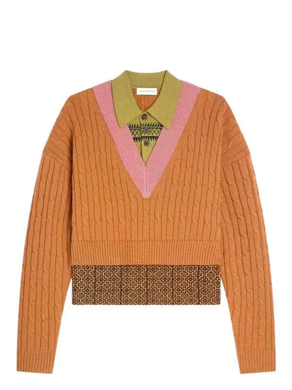 Dries Van Noten Layered Wool Blend V-neck Sweater With Polo Collar - Orange
