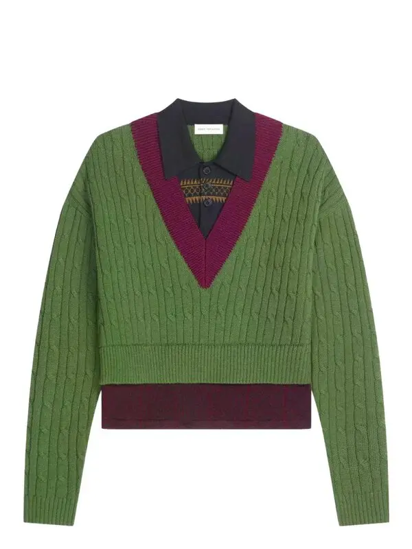 Dries Van Noten Layered Wool Sweater With Polo Collar - Green