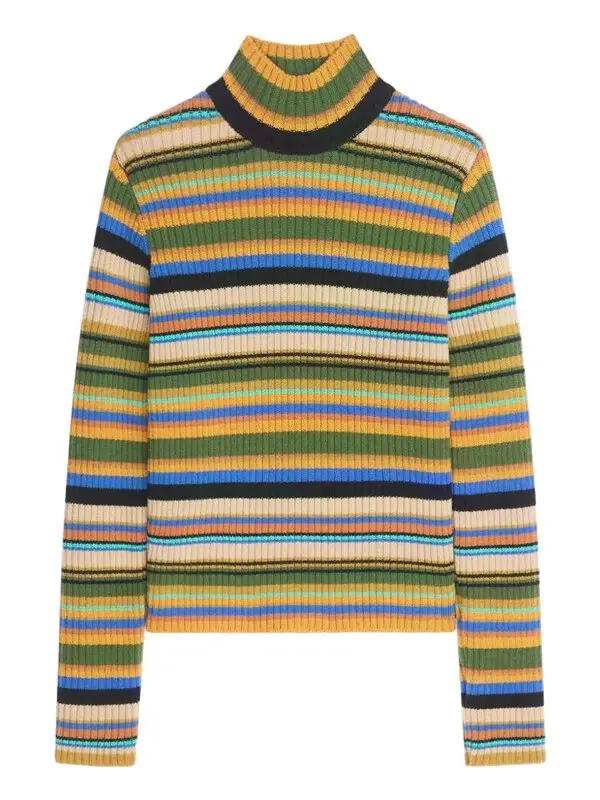 Dries Van Noten Ribbed Wool Striped Turtleneck Sweater - Blue