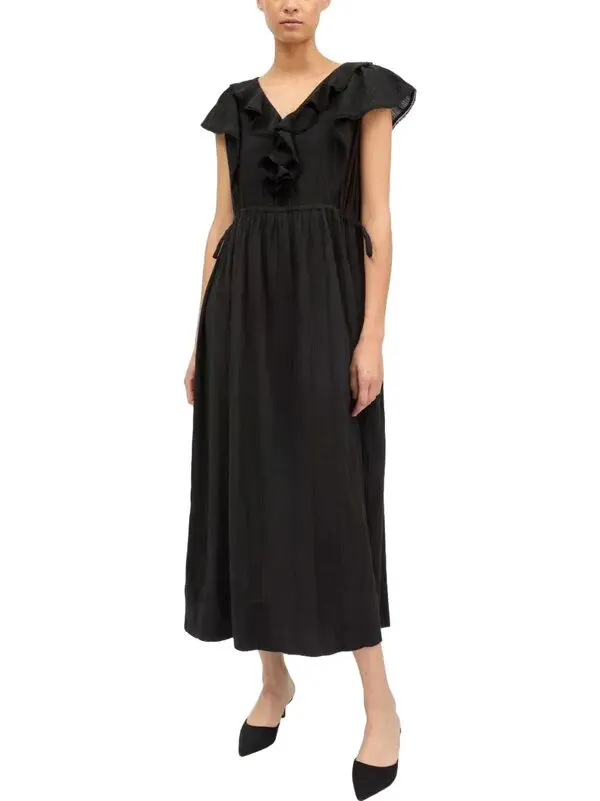 SKALL STUDIO Cotton Ruffled V-neck Midi Dress - Black