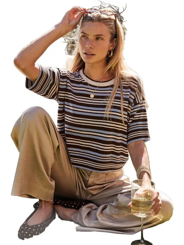 Splendid Georgie Short Sleeve Stripe Sweater - Blue Mist/java
