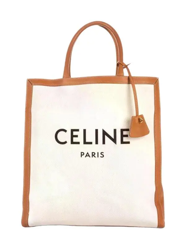 Celine Logo Print Leather Trimmed Tote Bag - Neutrals