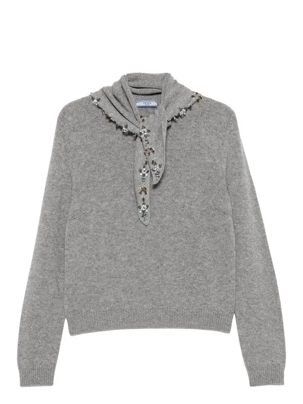 Prada Crewneck With Embellished Neckline - Gray