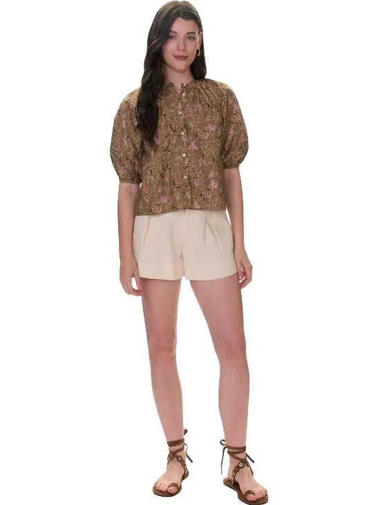 Rebecca Taylor Josie Pleated Cotton Shirt - Olive Multi