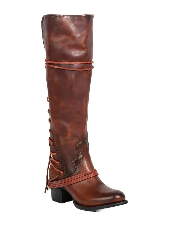 FREEBIRD Coal Tall Lace-up Distressed Leather Boots - Cognac
