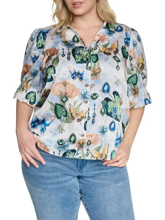 Karl Lagerfeld Paris Printed Three-quarter Sleeve Shirt - Soft White Multi