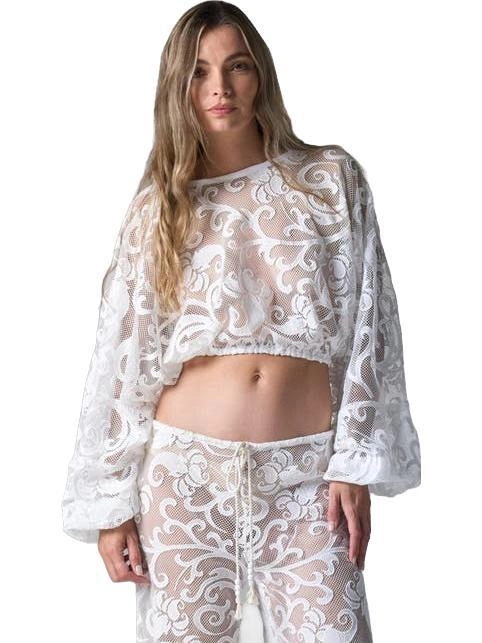 JBQ Elise Sheer Paisley Lace Cropped Top - White