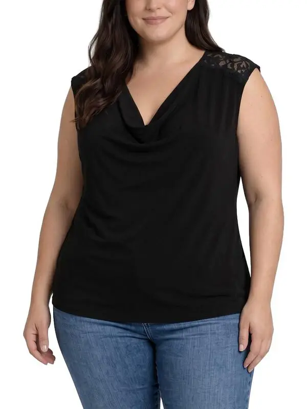 LIVERPOOL Sleeveless Draped Neck Lace Trim Top - Black