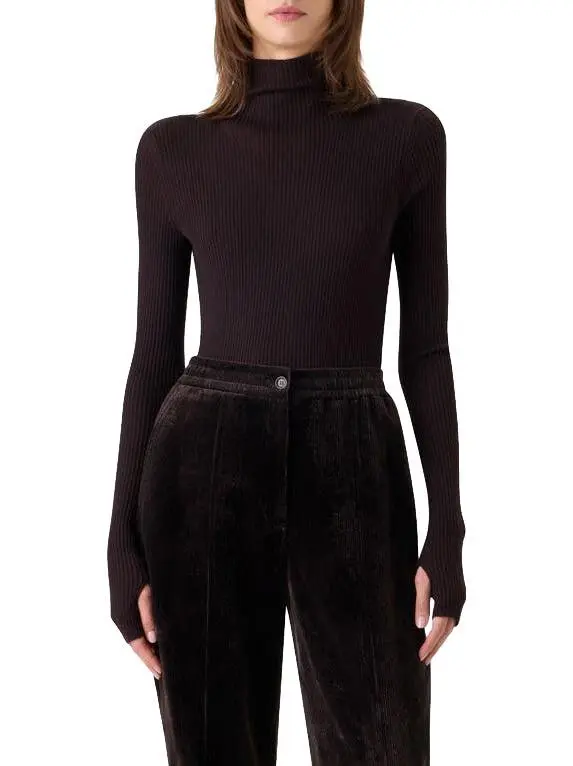 Akris Cashmere & Silk Ribbed Funnel Neck Sweater - Coffee