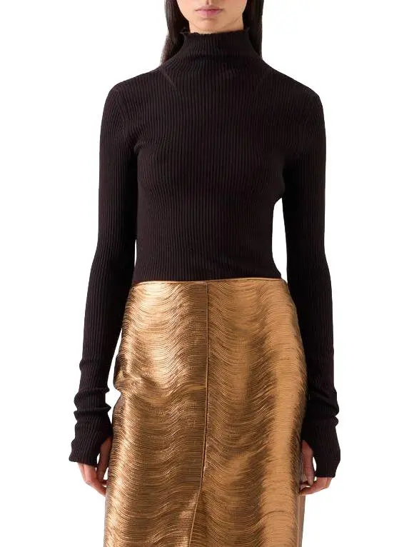 Akris Cashmere & Silk Ribbed Funnel Neck Sweater - Coffee
