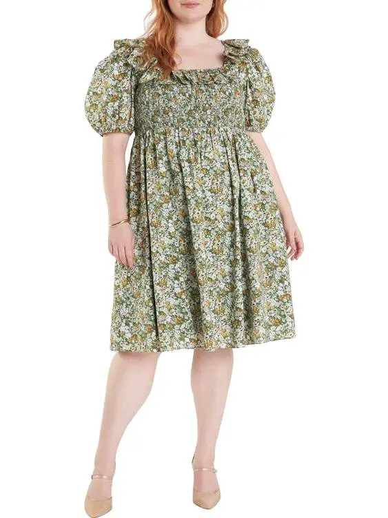 English Factory Smocked Puff Sleeve Floral Cotton Dress - Green Multi