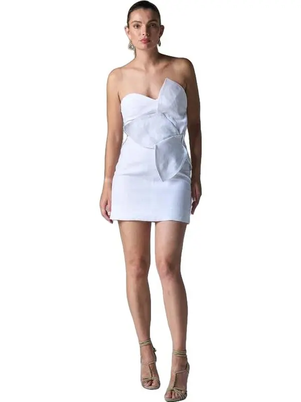 JBQ Malia Strapless Sweetheart Neckline Linen Mini Dress With Oversized Floral Appliqu - White