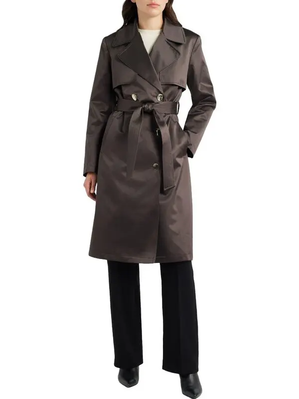 Via Spiga Double Breasted Satin Trench Coat - Chocolate