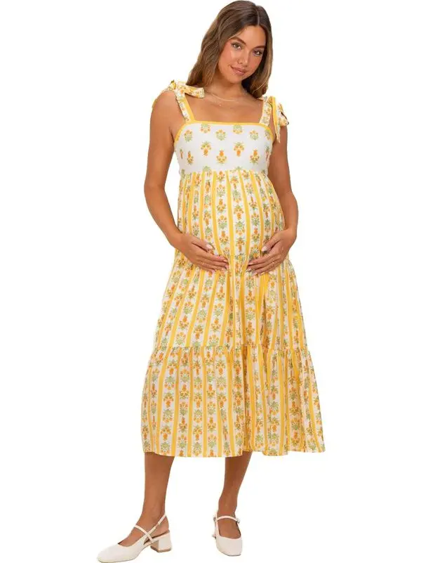 PINKBLUSH Striped Floral Shoulder Tie Midi Dress - Yellow