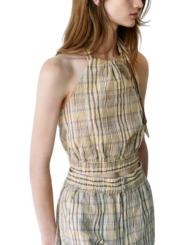 Mango Plaid Halter Top With Smocked Hem - Brown