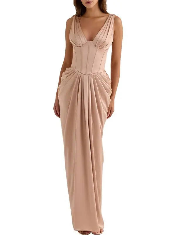 House Of Cb Angeline Satin Corset Gown - Champagne