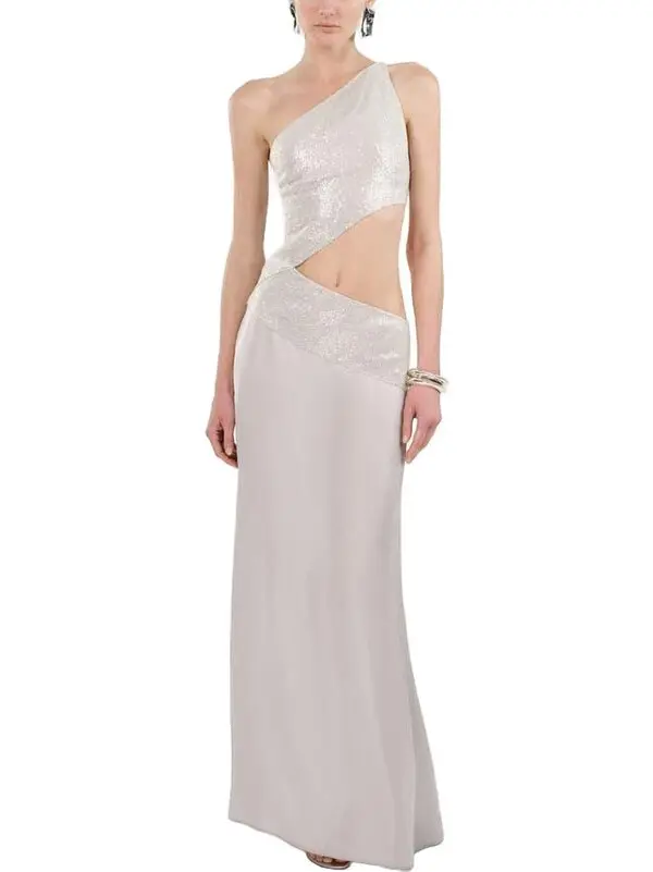 NOCTURNE One Shoulder Sequin Cutout Maxi Dress - Metallic Silver