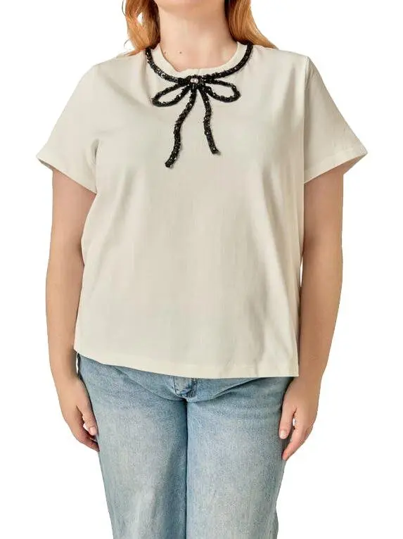English Factory Beaded Bow Detail T-shirt - White