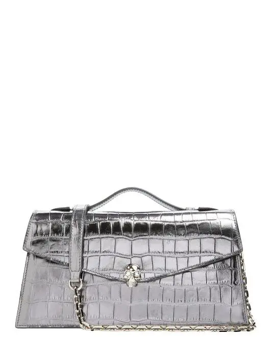 Alexander McQueen Croc Embossed Metallic Leather Skull Top Handle Bag With Chain Strap - Cloud