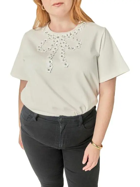 English Factory Bow Bead Detail Crewneck Top - White