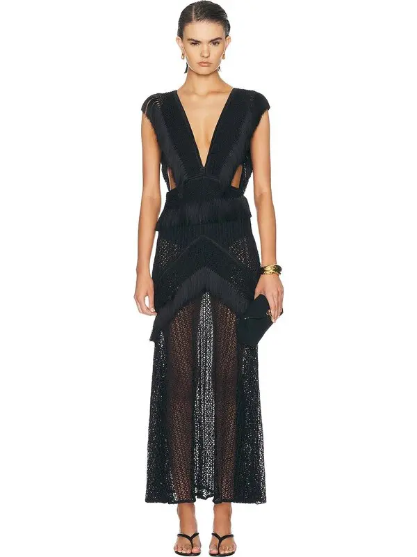 PatBO Ayla Fringe Plunge Maxi Dress - Black