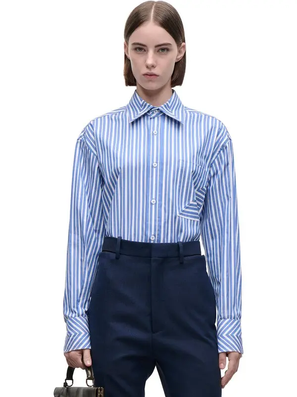 Victoria Beckham Striped Cotton Shirt With Pocket Detail - Blue