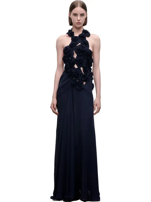 Victoria Beckham Appliqué Cut Out Gown - Navy