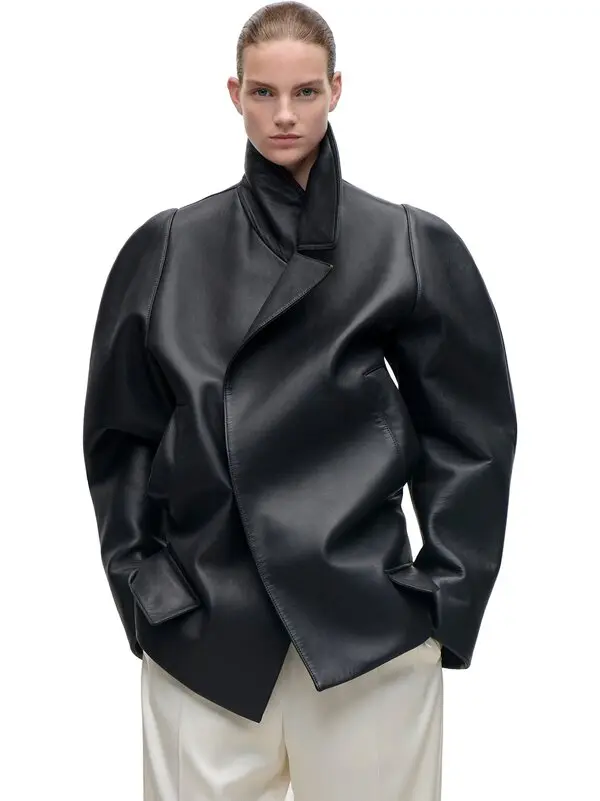 Victoria Beckham Bonded Leather Pea Coat - Black