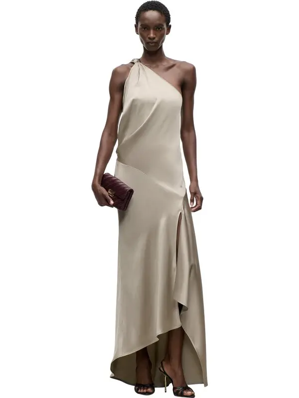 Victoria Beckham Asymmetric Midi Dress In Silk Viscose Velvet - Light Grey