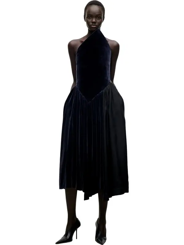 Victoria Beckham Asymmetric Midi Dress In Silk Viscose Velvet - Navy