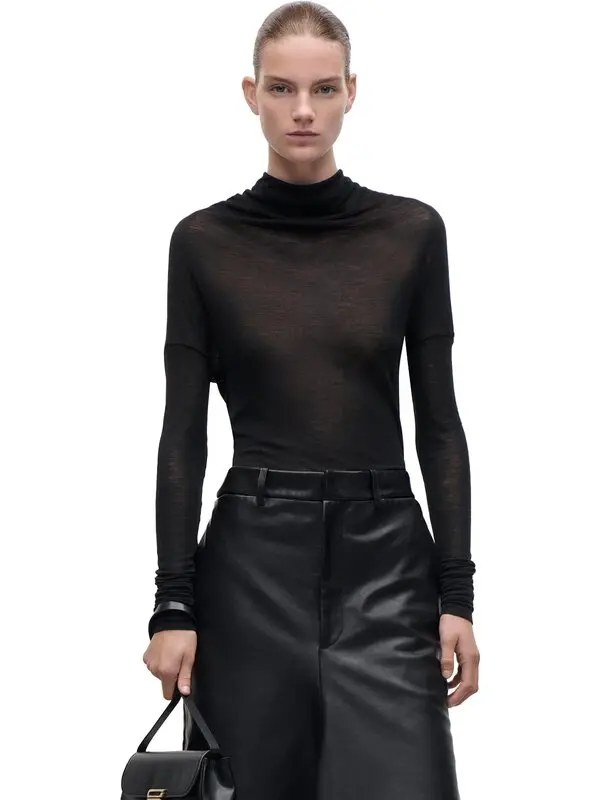 Victoria Beckham Long Sleeve Draped Wool Jersey Top - Black