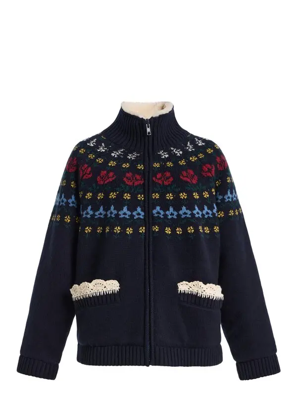 Sea Preston Sherpa-lined Floral Knit Jacket - Navy