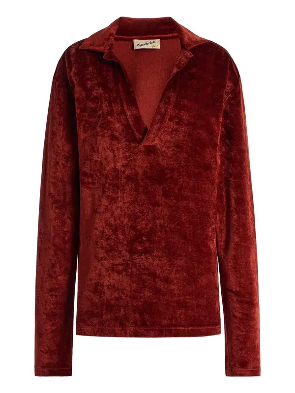 SANDERLAK Velvet V-neck Long Sleeve Polo - Red