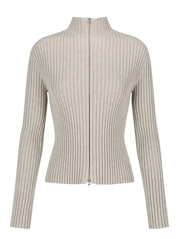 AMOMENTO Ribbed High Neck Zip Up Knit - Tan