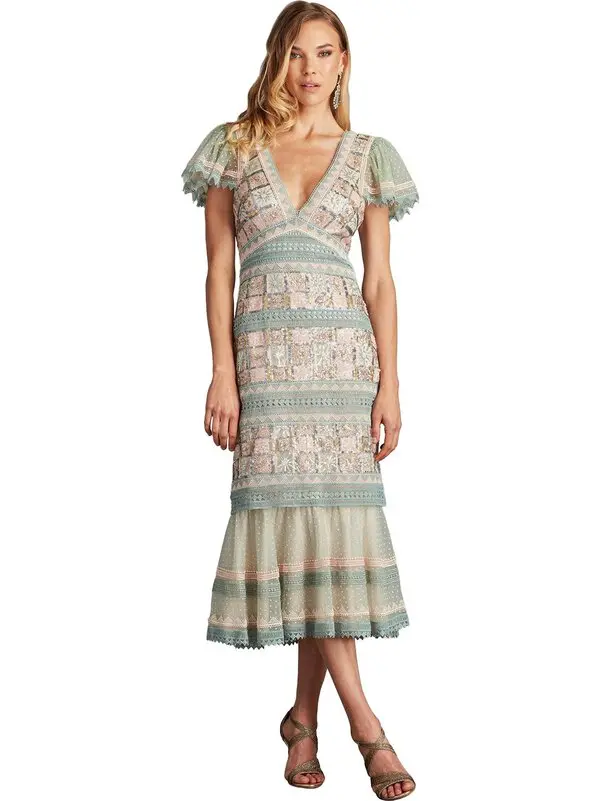 Tadashi Shoji Belle Sequin Lace Panel Midi Dress - Adobe Blush/multi