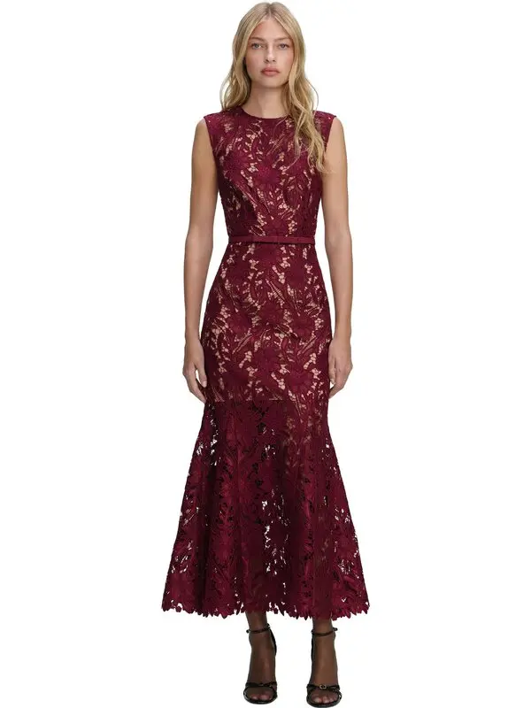 SELF-PORTRAIT Lace Midi Dress With Removable Belt - Rosso