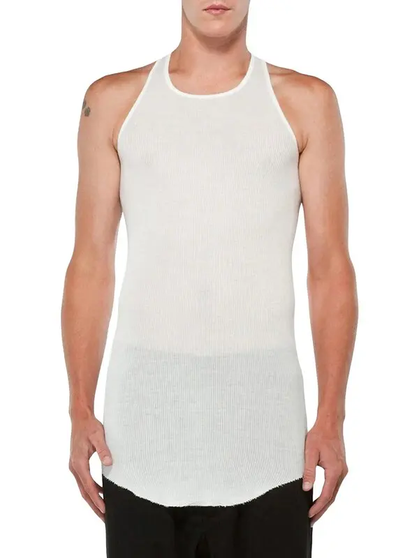 Rick Owens Ribbed Semi-sheer Sleeveless Tank With Curved Hem - Bianco