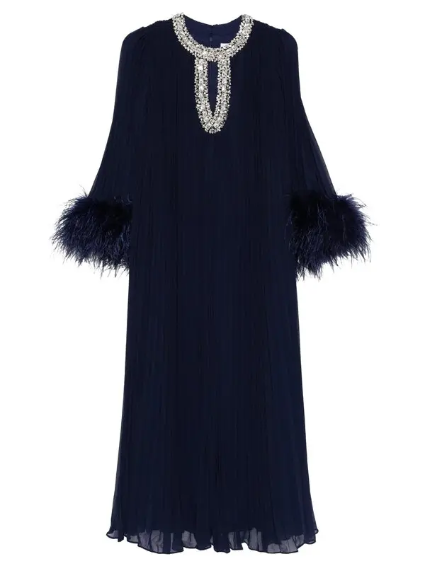 SELF-PORTRAIT Pleated Chiffon Midi Dress With Rhinestone Neckline And Feather Cuffs - Blu