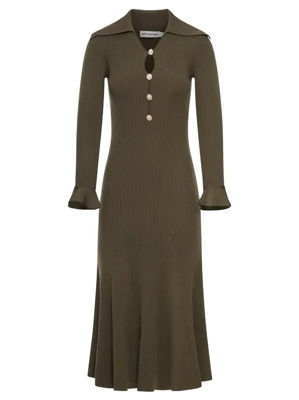 SELF-PORTRAIT Oversized Collar Keyhole Cut-out Dress With Gold Button Detail - Verde