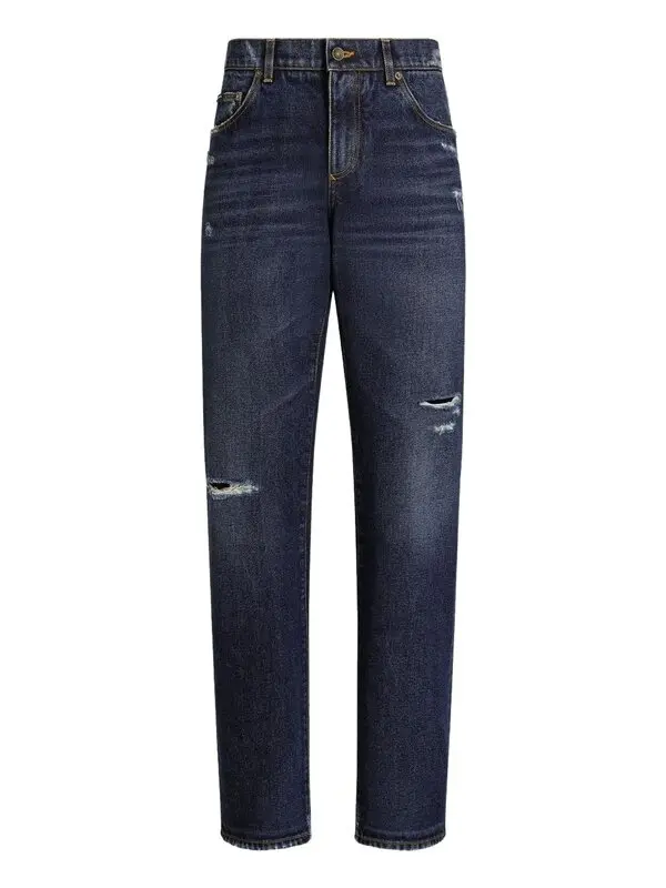 Dolce & Gabbana Loose-fit Distressed Five-pocket Jeans With Back Logo Plaque - Blu