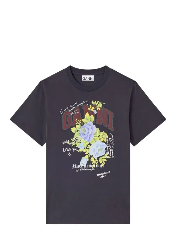 GANNI Crew Neck Cotton T-shirt With Graphic Print - Nero