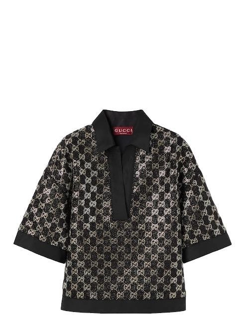 Gucci Light Wool Tweed Lamé Shirt With Gg Crystal Embellishment - Nero